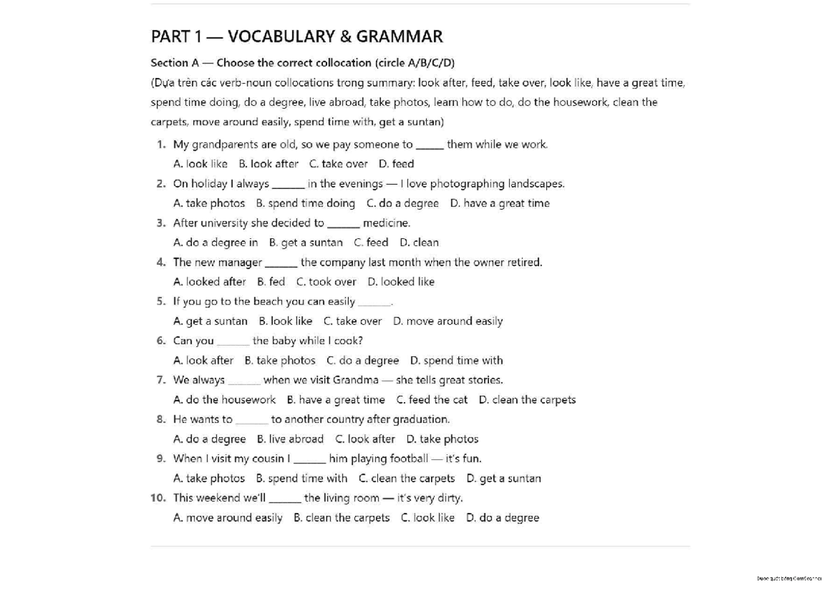 Vocabulary & Grammar Practice: Collocations & Mistakes (ENG101) - Studocu