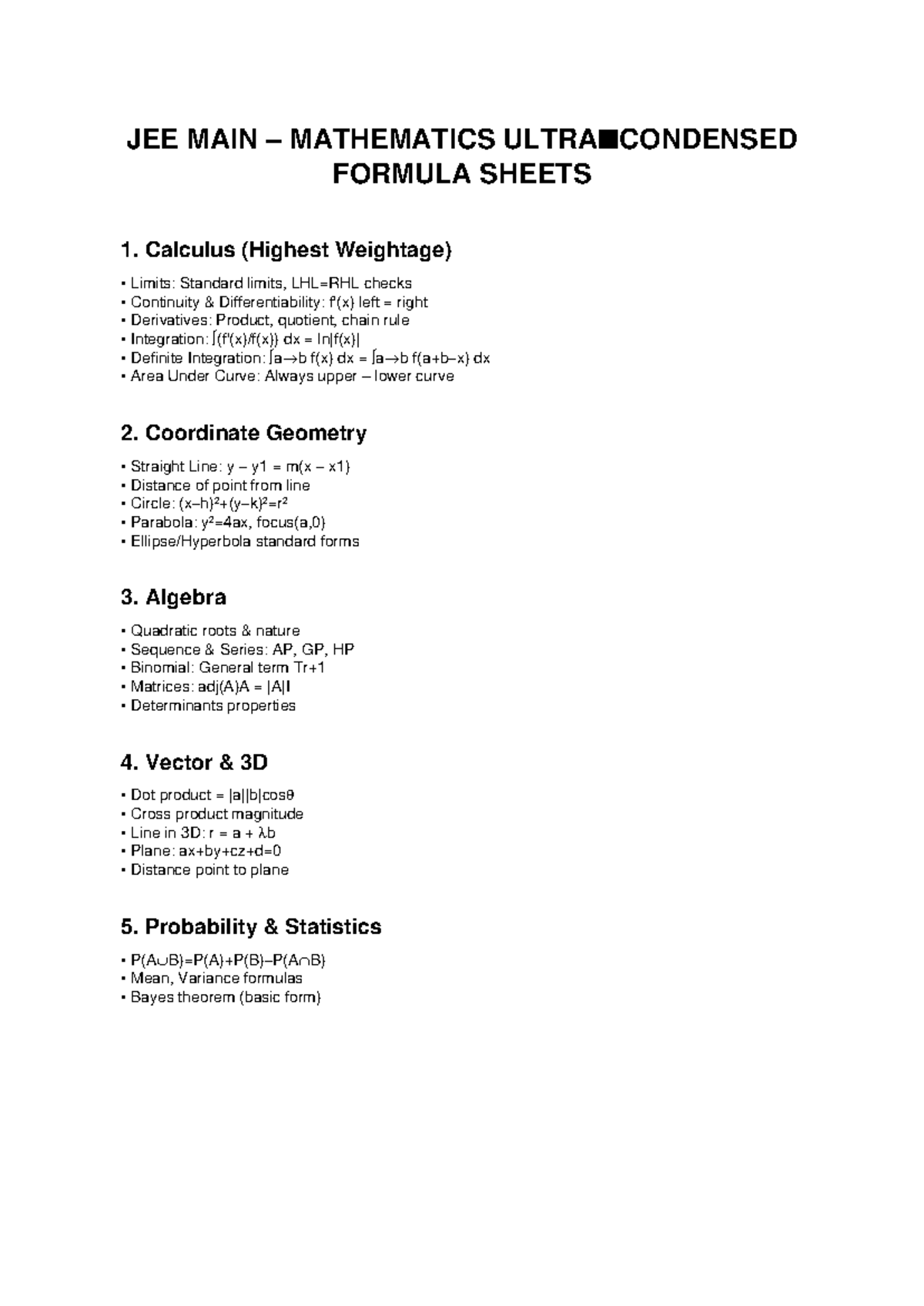 JEE MAIN MATHS FORMULA SHEETS: CALCULUS, GEOMETRY & ALGEBRA - Studocu