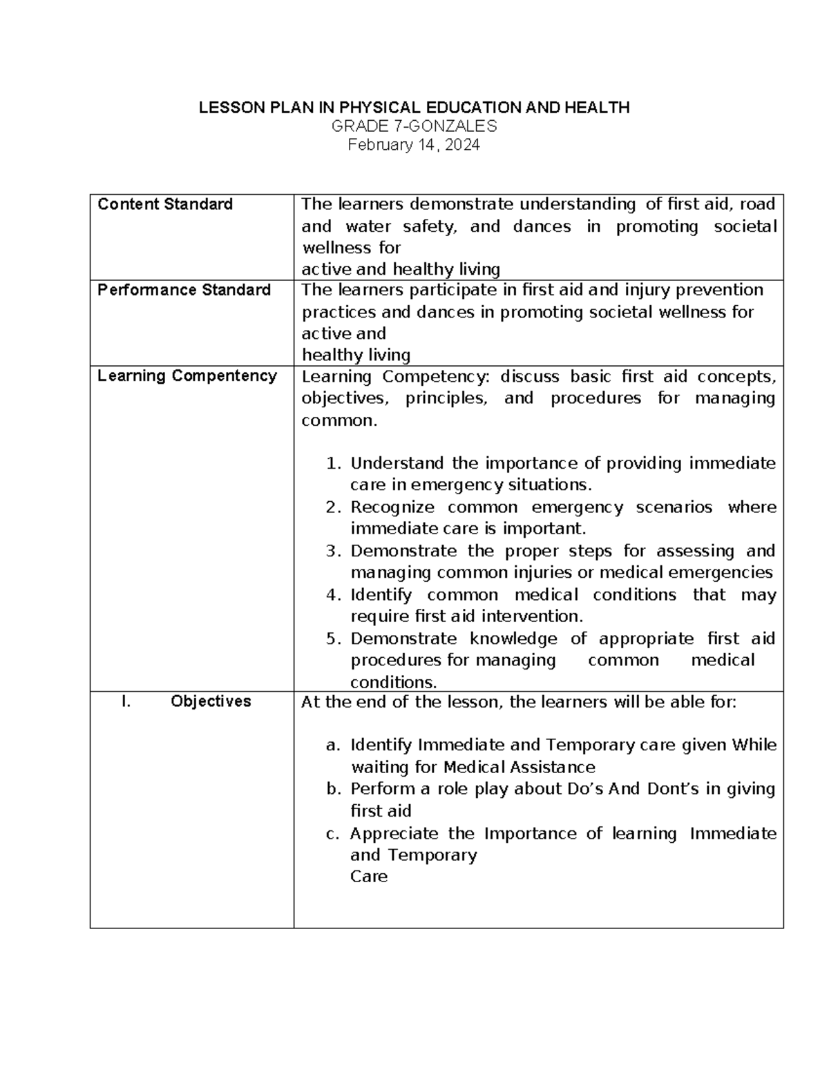 LP1 PEH 7 Q4 - Lesson Plan: First Aid for Grade 7 Students - Studocu