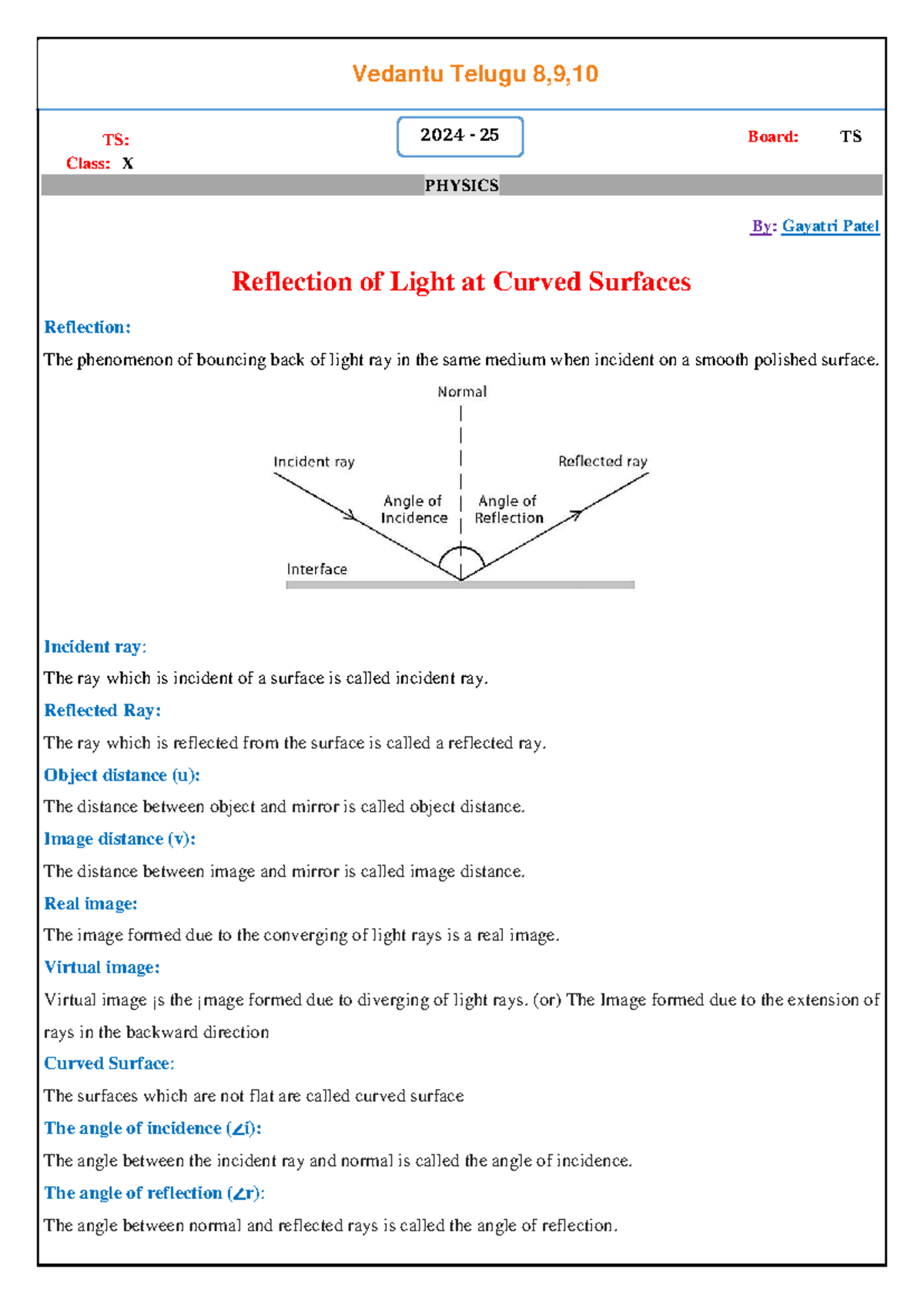Reflection of Light at Curved Surfaces - PHYSICS Class IX Notes - Studocu
