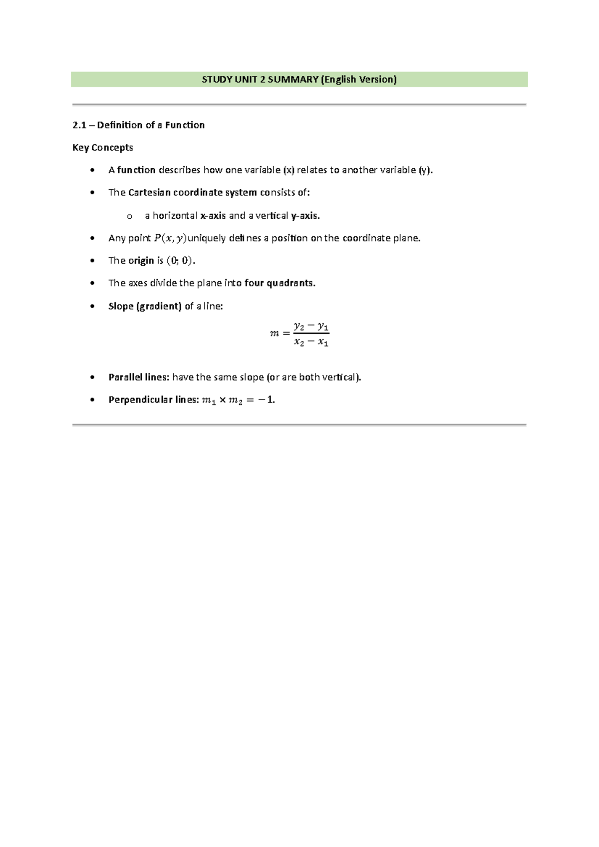 MATH 101: Study Unit 2 Summary - Functions and Geometry Concepts - Studocu