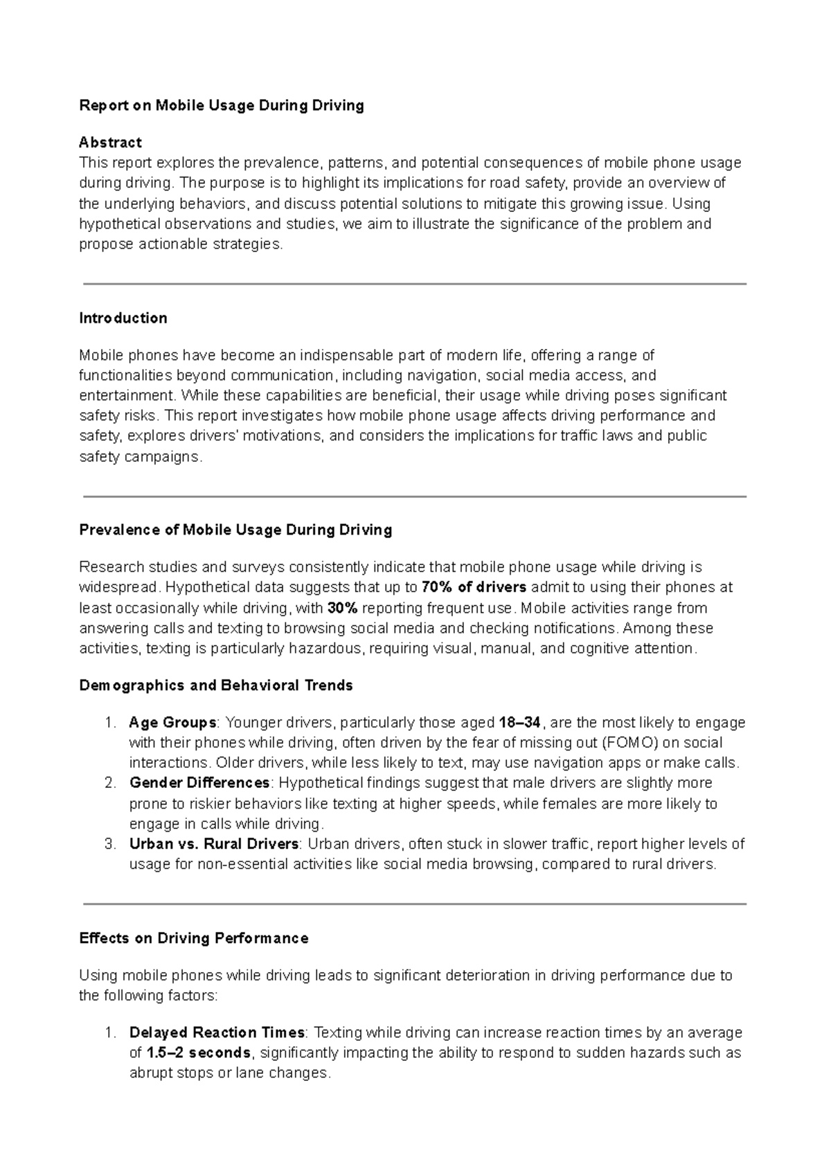 Report on Mobile Phone Usage During Driving: Safety Implications and ...