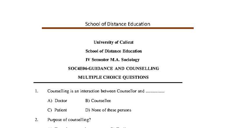 SOC4E06: GUIDANCE AND COUNSELLING MCQ QUESTION BANK - Studocu