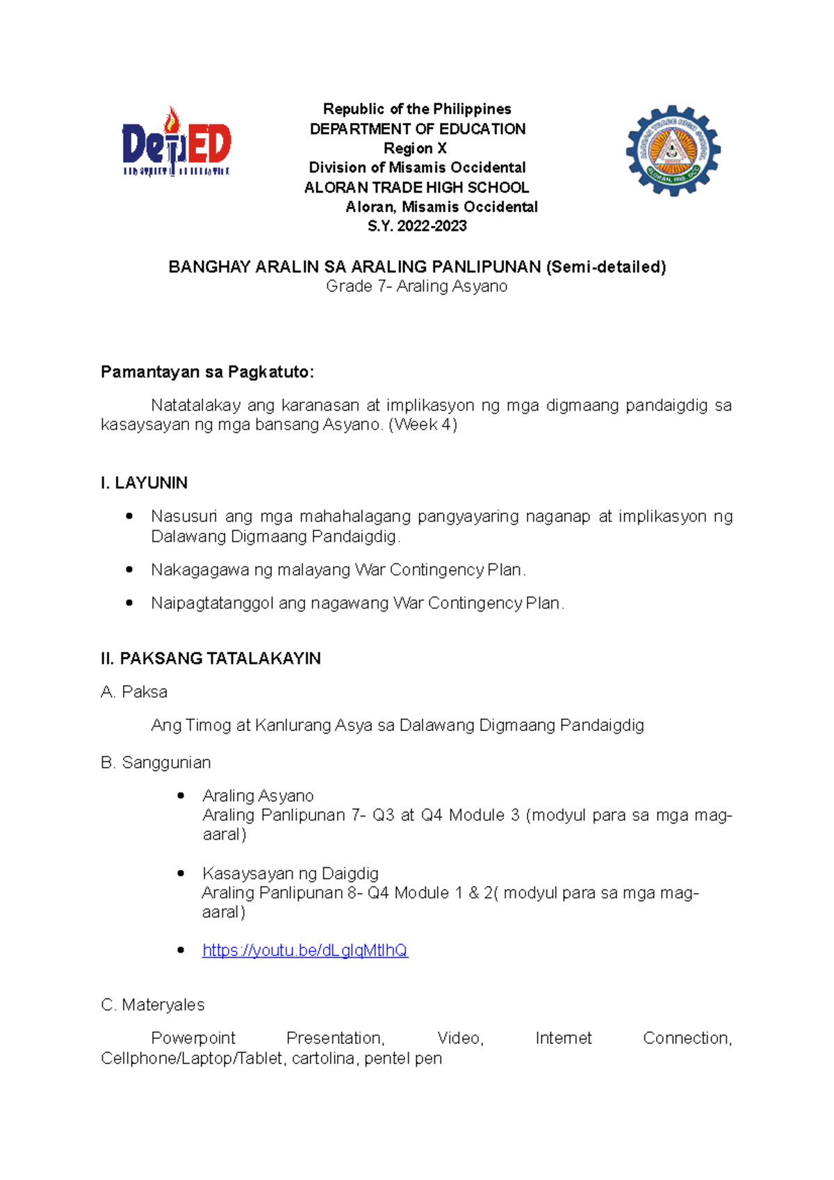 Lesson PLAN - for reference - Republic of the Philippines DEPARTMENT OF ...