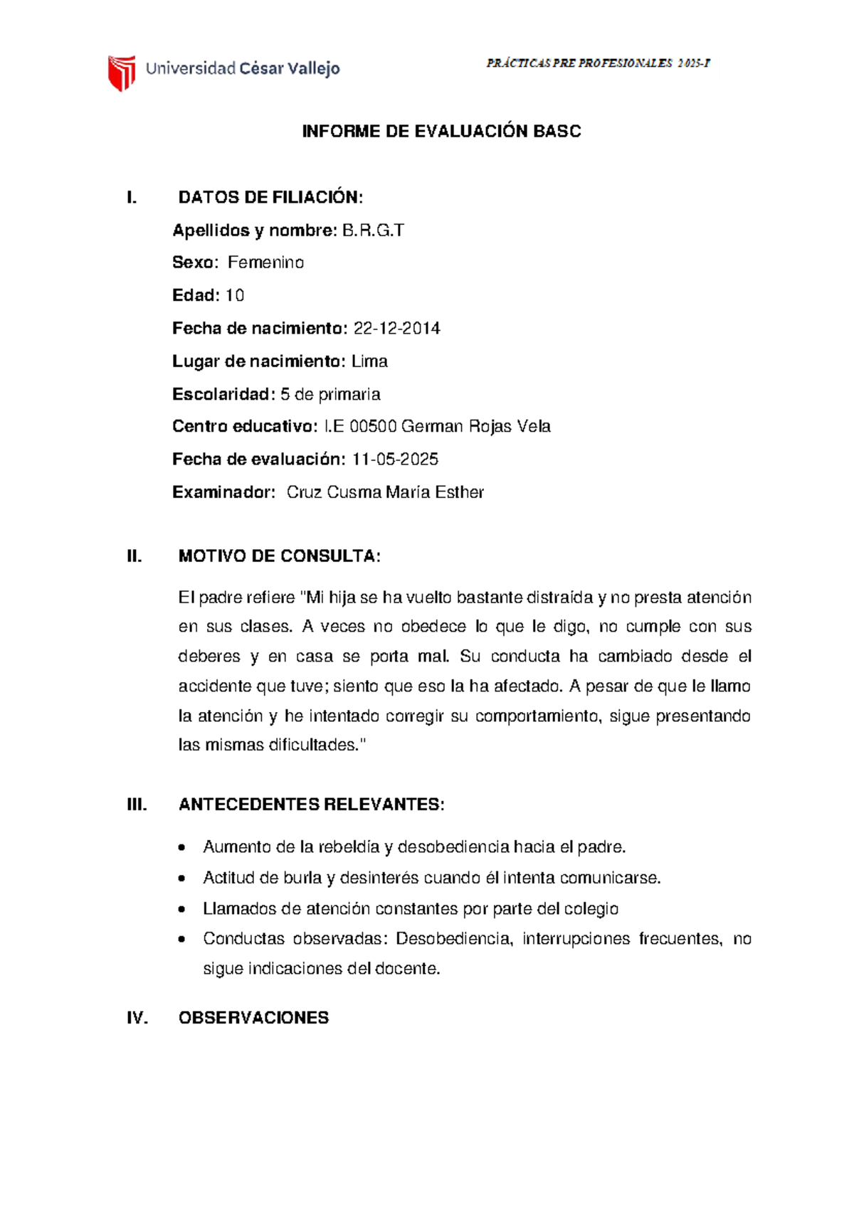 Informe de Evaluación BASC I: Caso de Romina (10 años) - Studocu