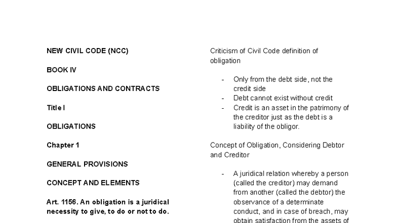 Obligations and Contracts Title I Chapter I Articles 1156-1162 - NEW ...