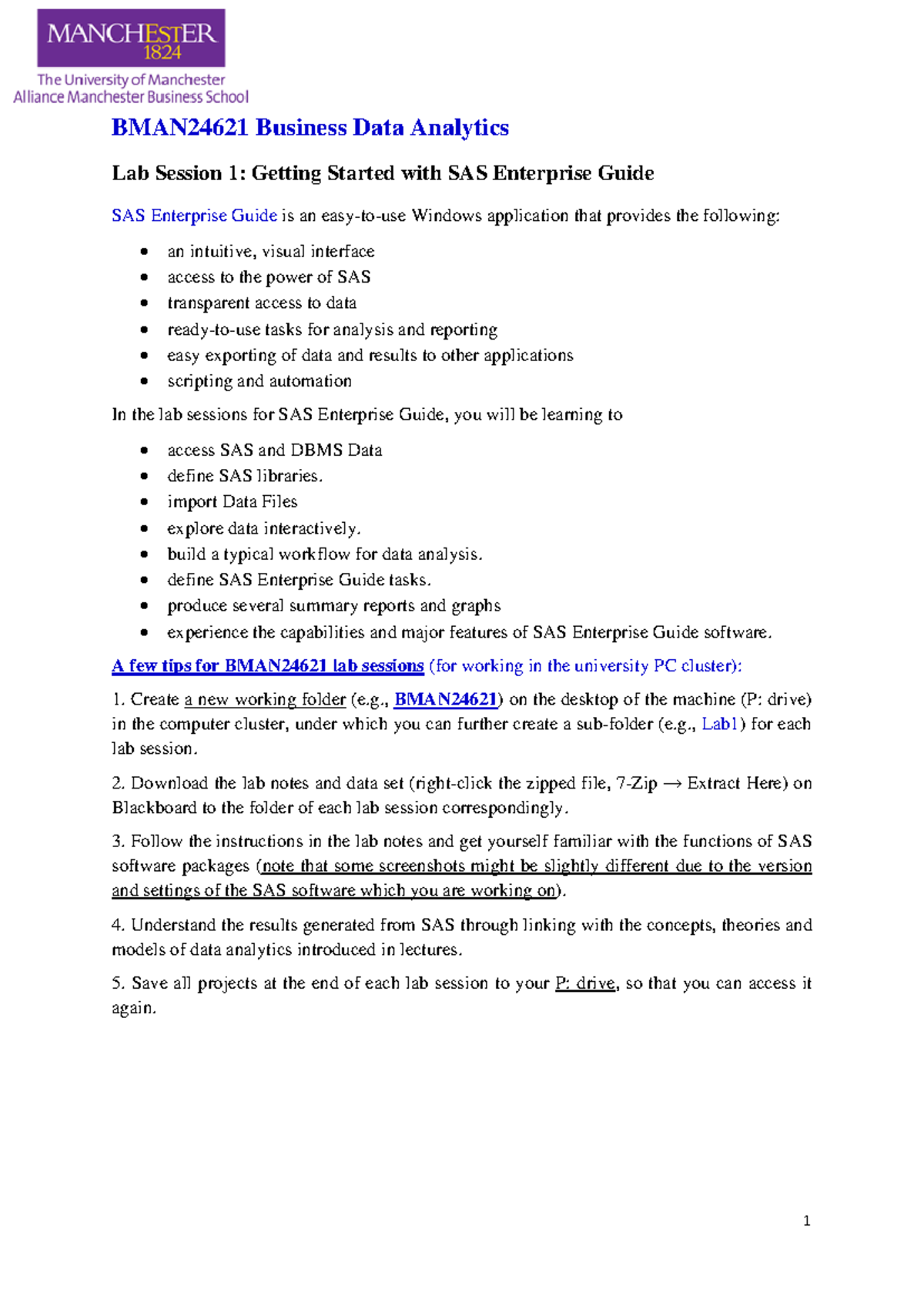 BMAN24621 Lab 1 Notes - Introduction to SAS Enterprise Guide - Studocu
