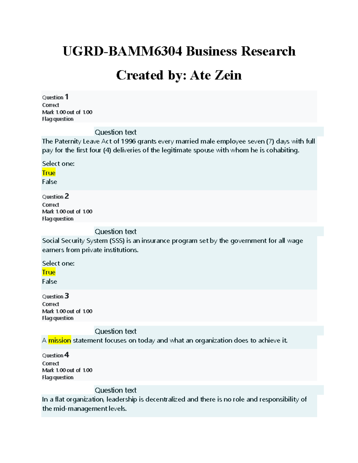 Business Research Prelim EXAM BY ATE ZEIN - UGRD-BAMM6304 Business ...