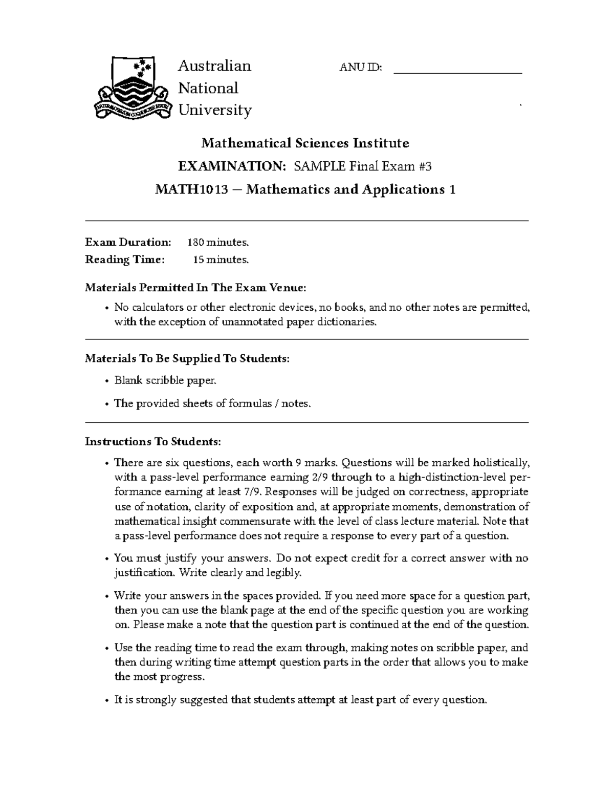 MATH1013 Sample Final Exam: Mathematics and Applications 1 - Studocu