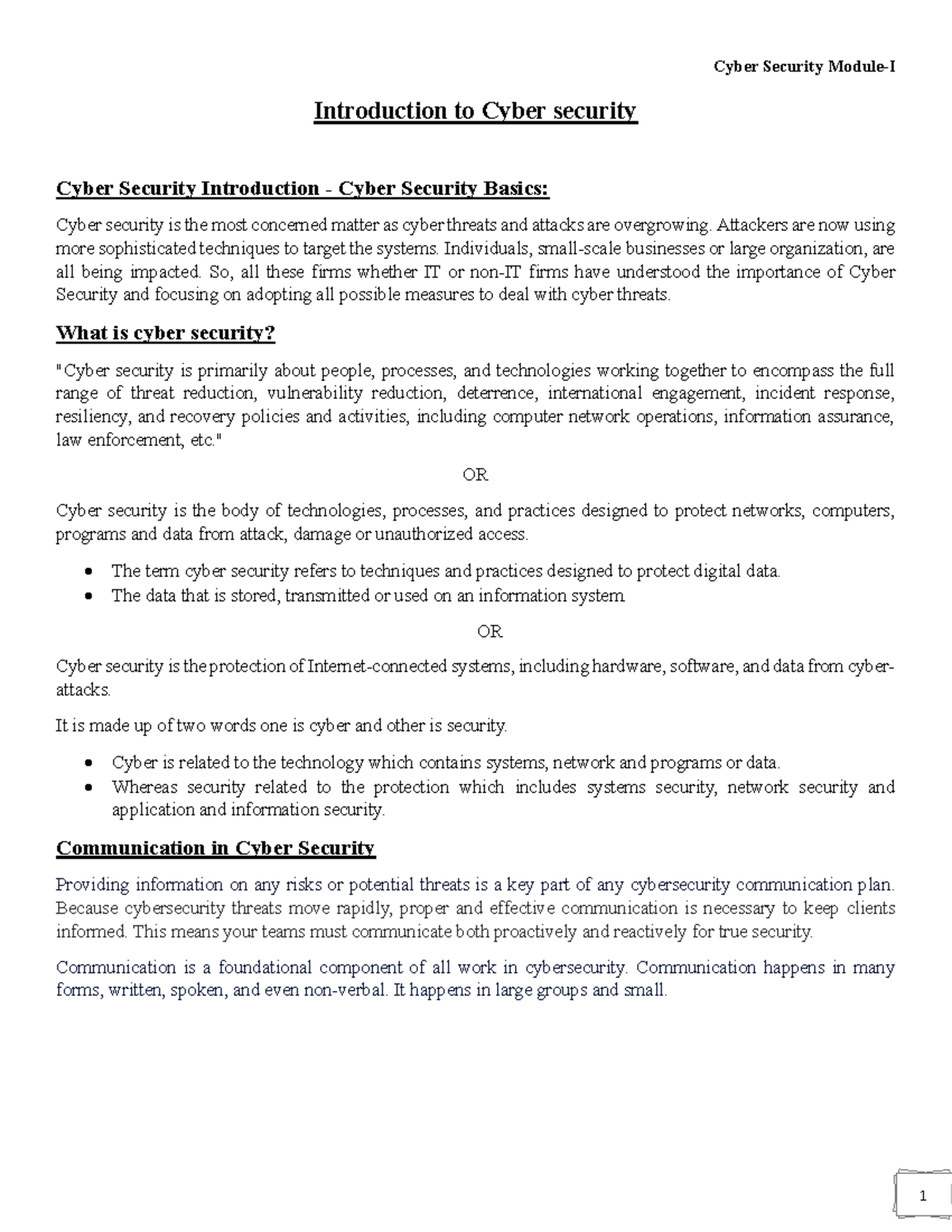 Cyber Security Unit 1 - Introduction to Cyber Security Notes - Studocu