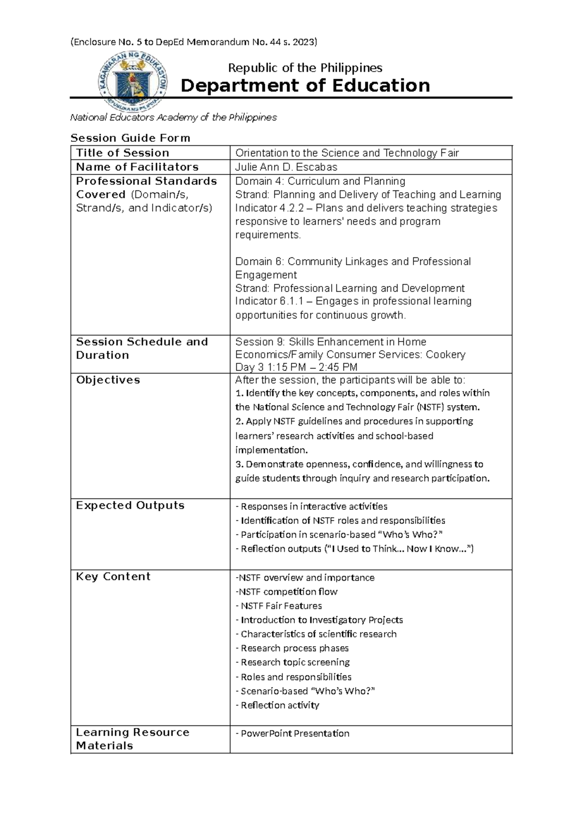 SG- Skills Enhancement in Home Consumer Services: Cookery Session Guide ...