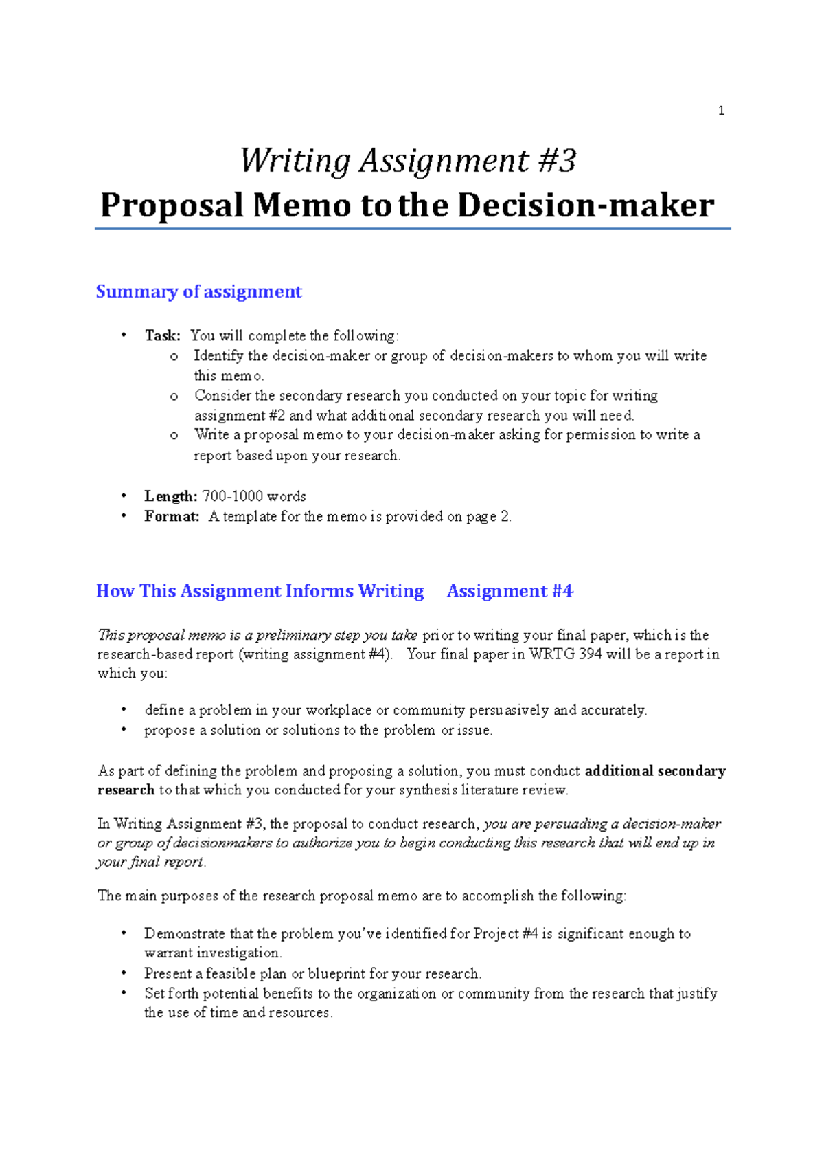 WRTG394 WA3 Proposal Memo for Research Authorization - Studocu