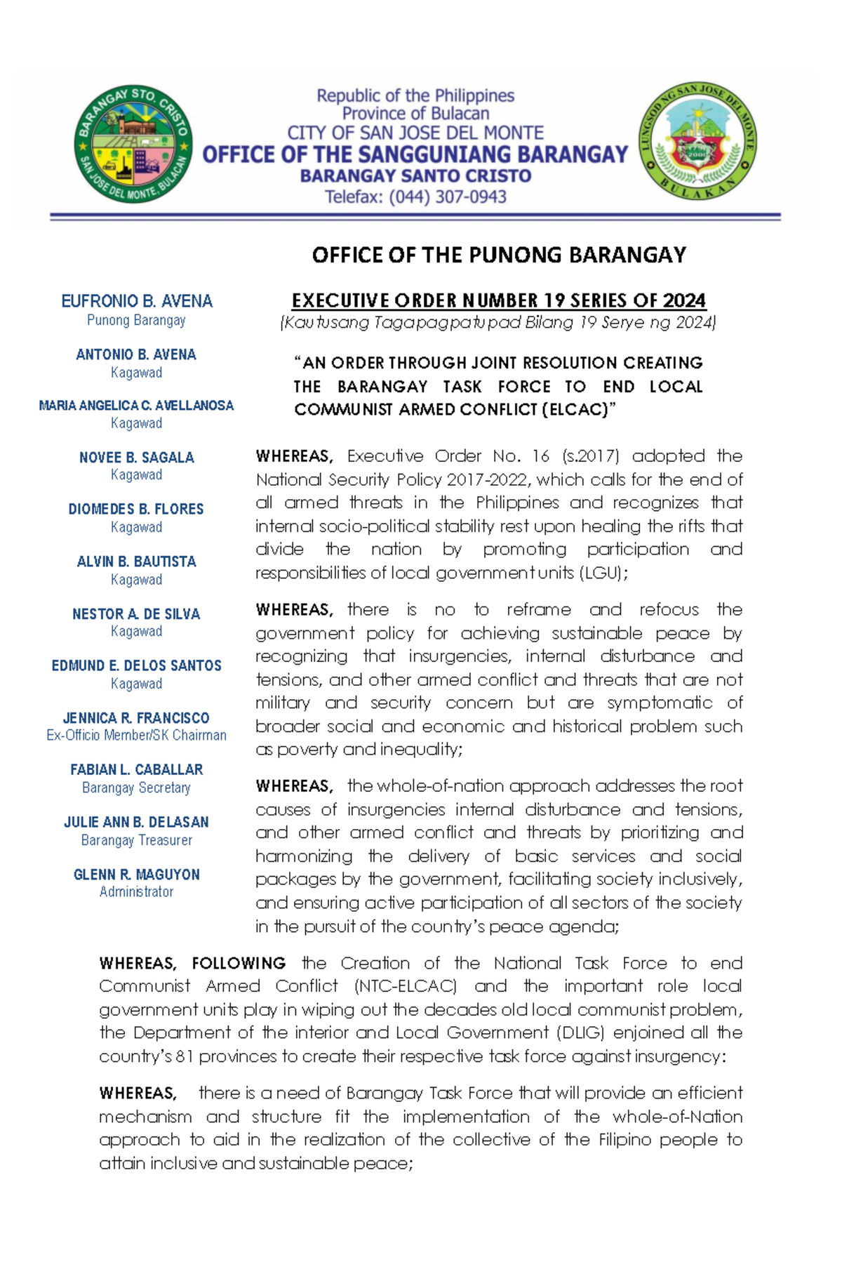 EO 19: Creation of Barangay Task Force for ELCAC 2024 - Studocu