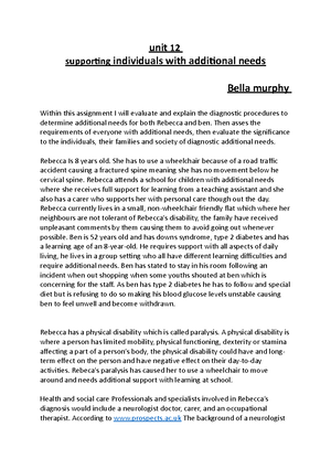 UNIT 12 - SUPPORTING INDIVIDUALS WITH ADDITIONAL NEEDS - SUPPORTING ...