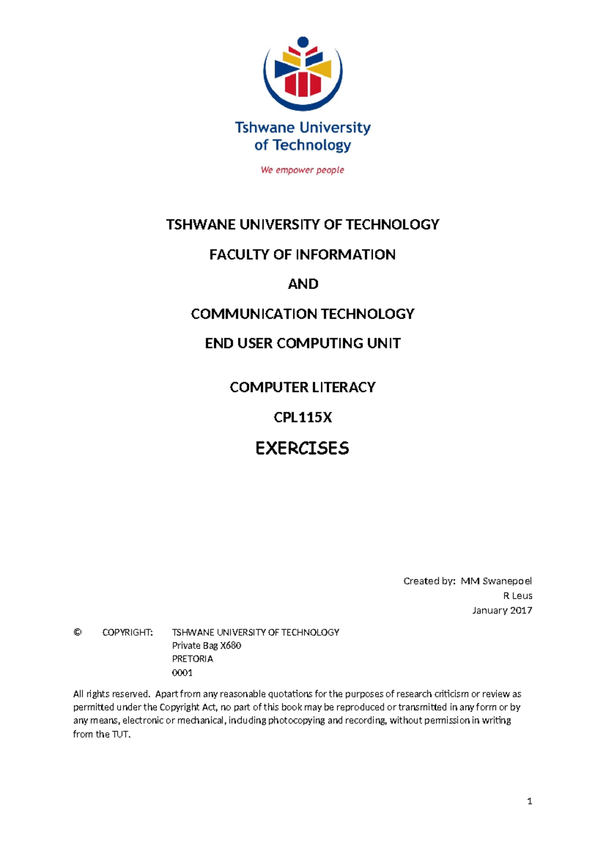 CPL115X Class Activity Instructions - TSHWANE UNIVERSITY OF TECHNOLOGY ...