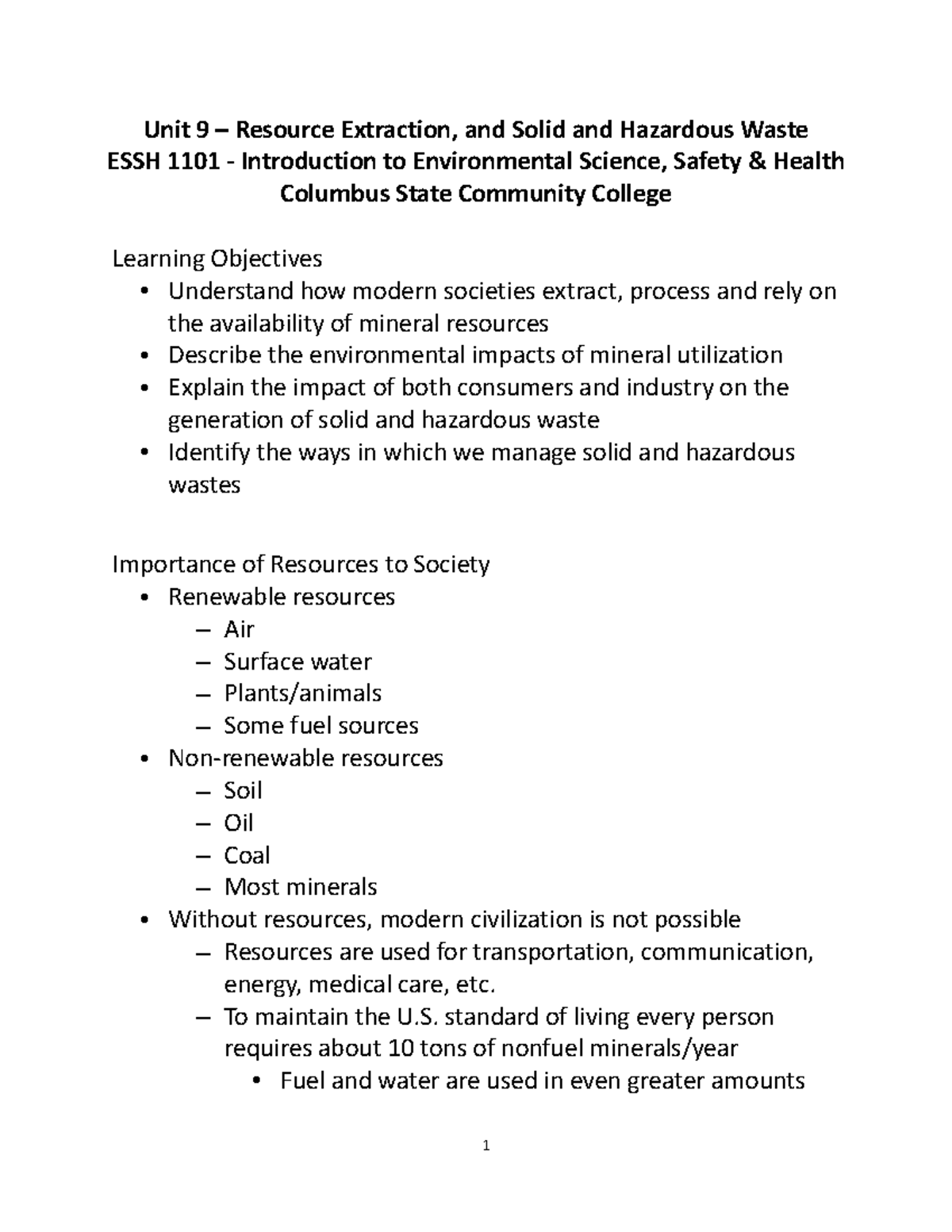 ESSH 1101 Unit 9 - Resource Extraction & Waste Management Insights ...