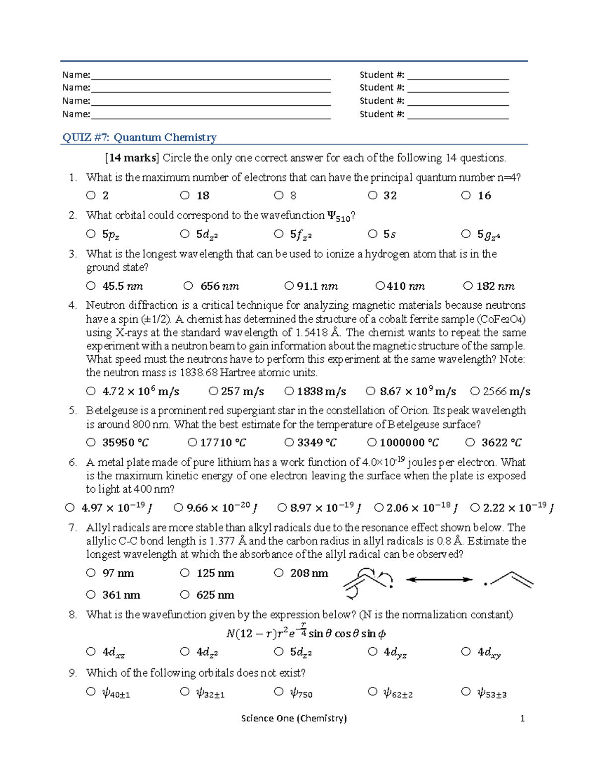 2025W-SCIE001-QUIZ Quantum Chemistry Questions and Answers - Studocu