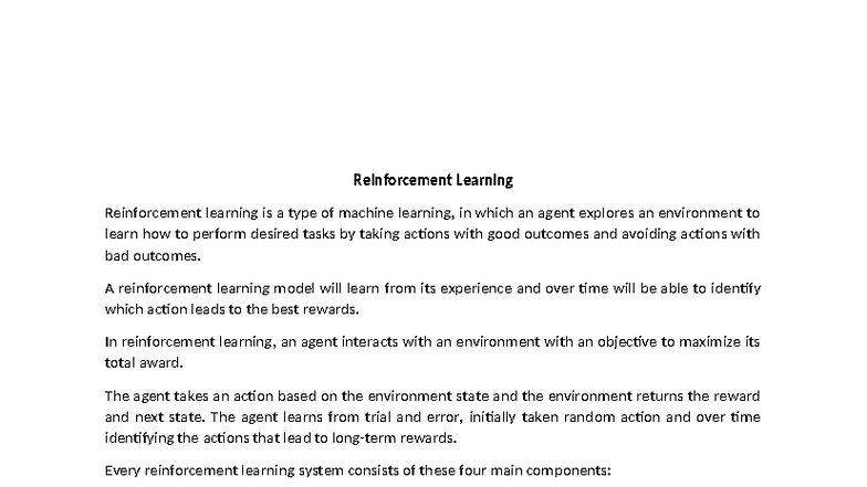 Reinforcement Learning: Understanding Key Concepts and Components - Studocu