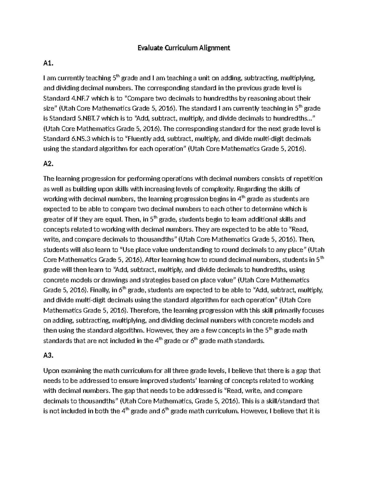 Evaluate curriculum alignment for decimal operations in 5th grade - Studocu
