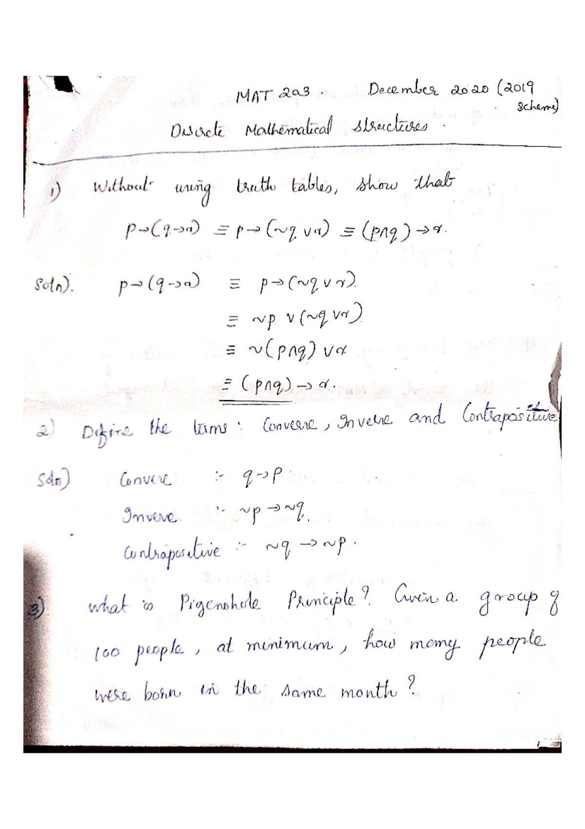 MAT203 - December 2023 Question Paper: Discrete Math Structures - Studocu