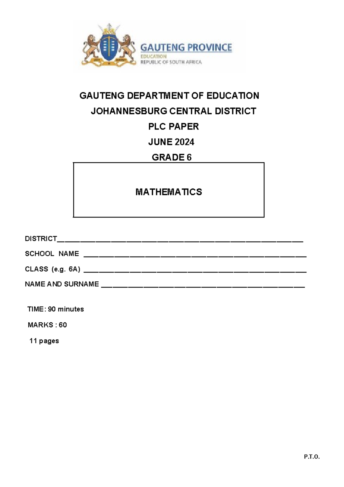 Mathematics Grade 6 June 2024 Cluster Assessment Paper & Memo - Studocu