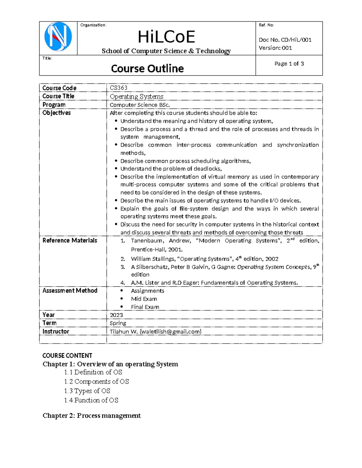 CS363-Operating Systems Course Outline and Learning Objectives - Studocu