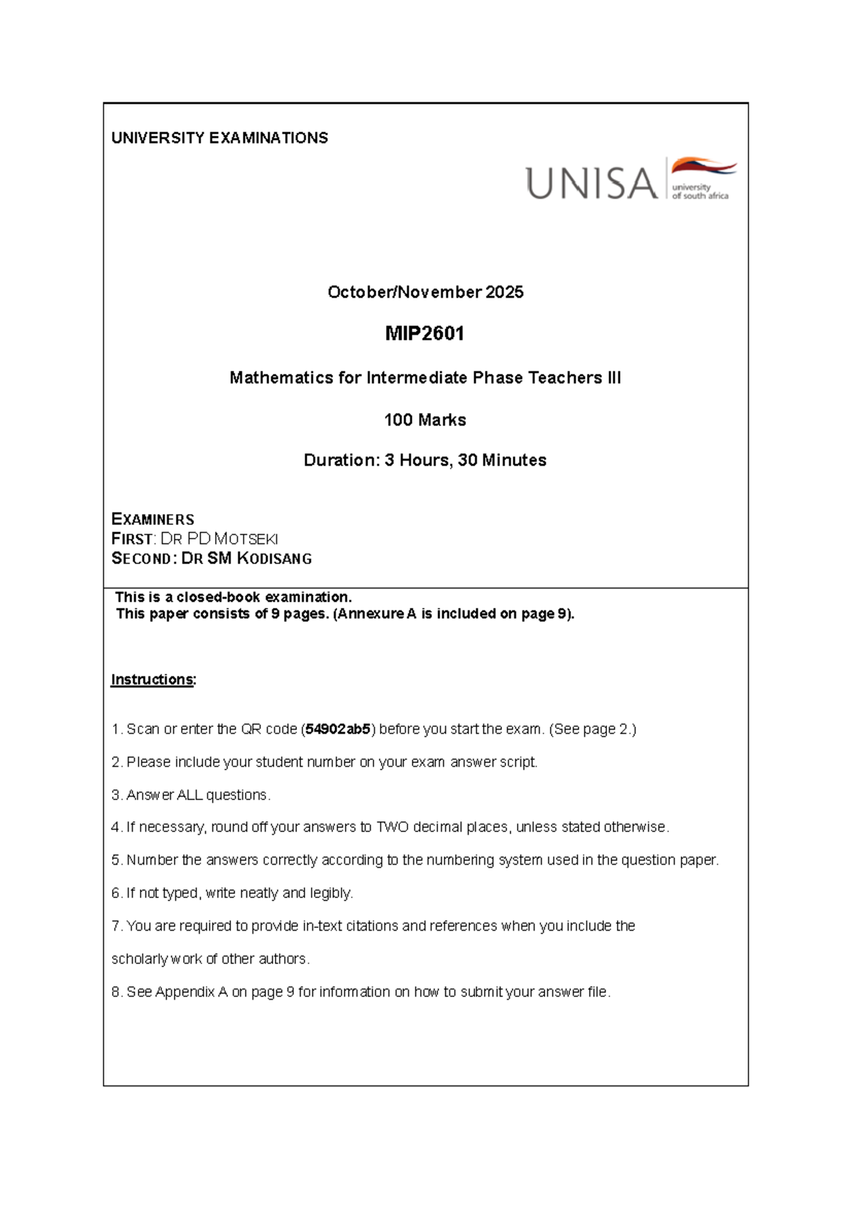 MIP2601 2025 Final Exam: Mathematics for Intermediate Phase Teachers ...