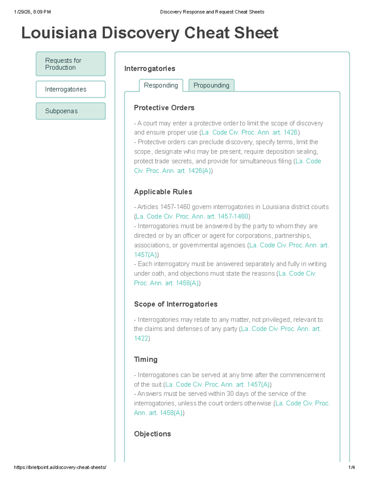 Louisiana Discovery Cheat Sheets: Interrogatories & Responses - Studocu