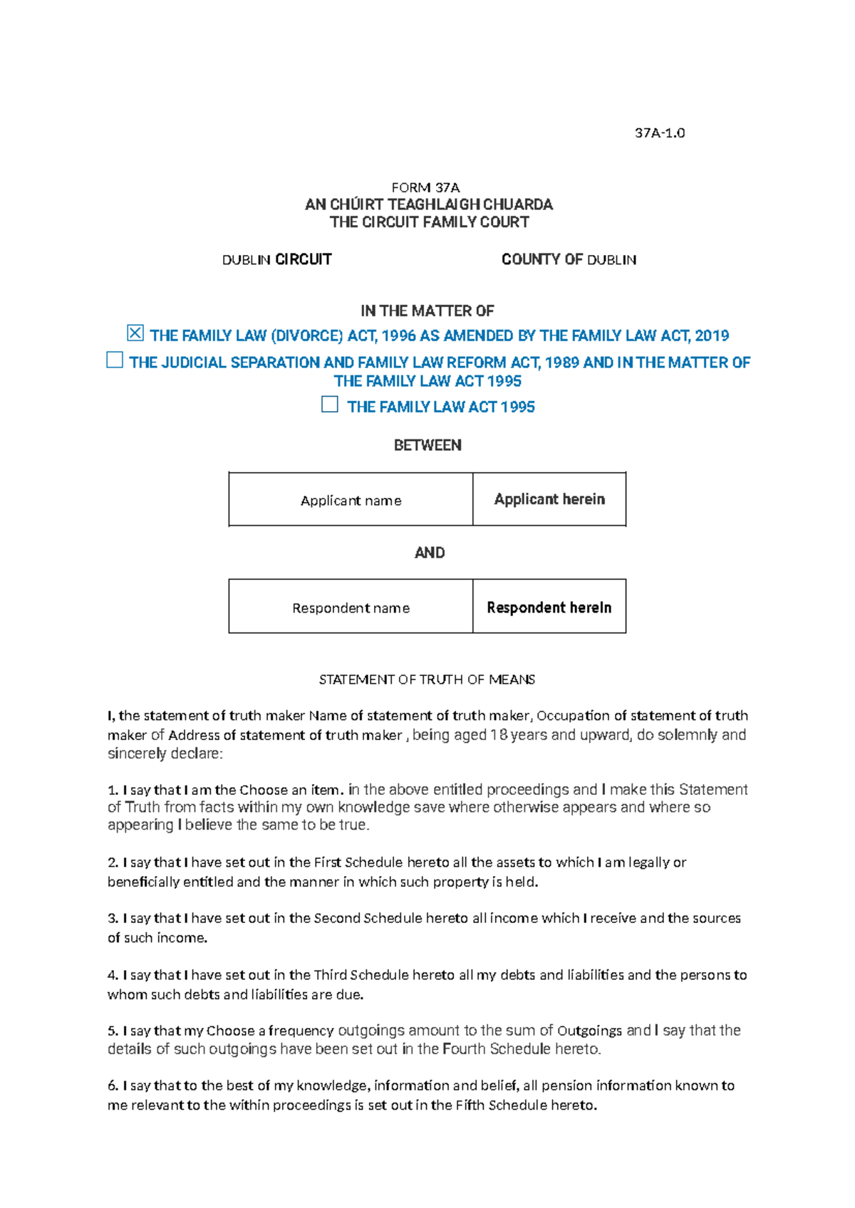 Form 37A Statement of Truth on Means - Family Law Proceedings - Studocu