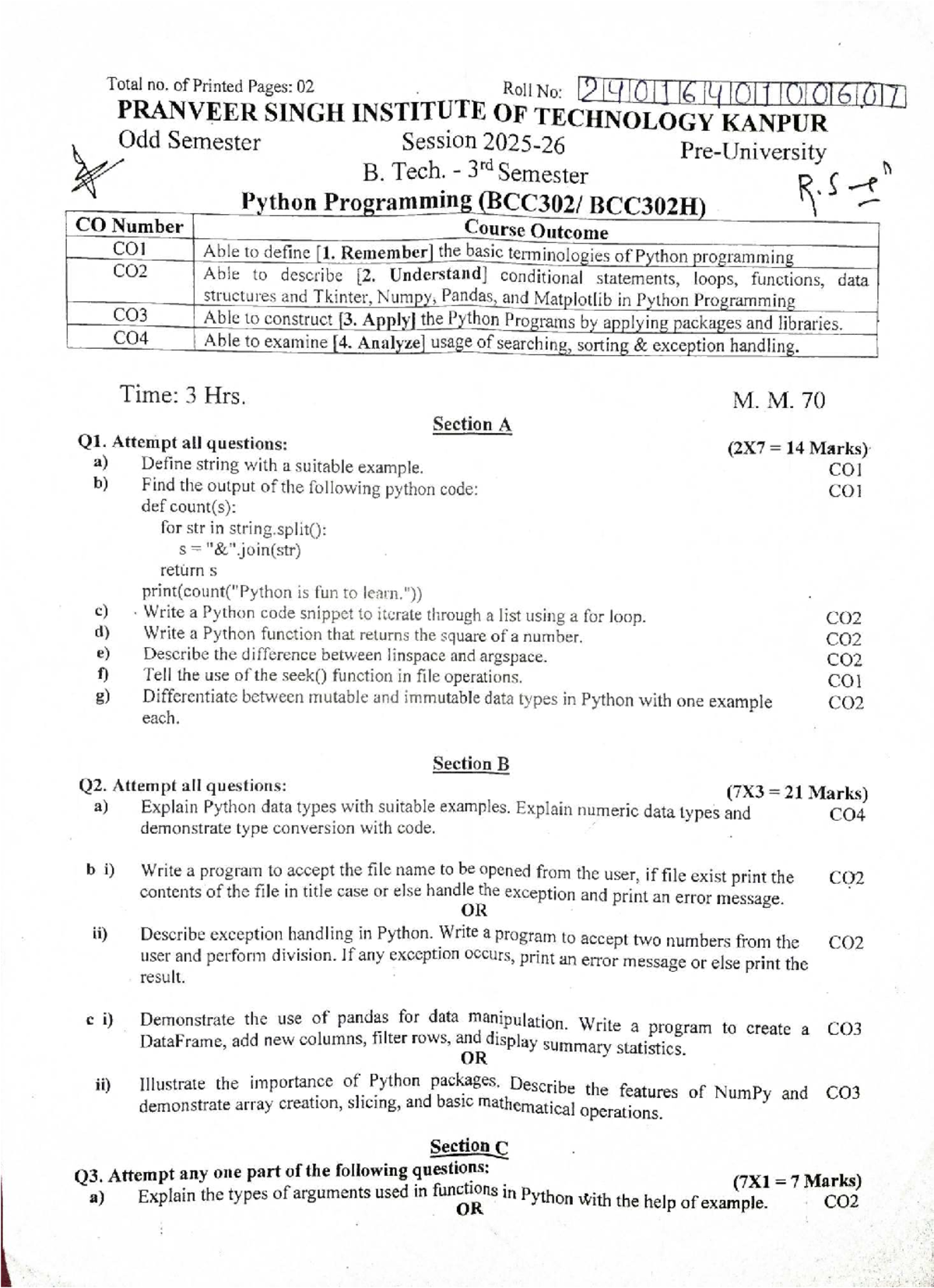 Python Programming BCC302H: Pre-University Exam Question Paper - Studocu