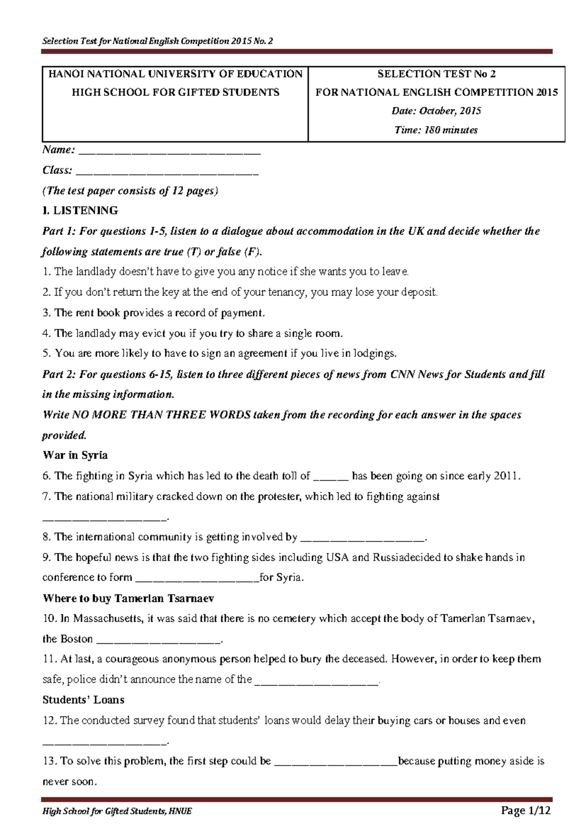 Selection Test for National English Competition 2015 No. 2 - Studocu