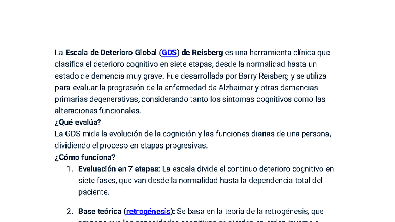 Reisberg GDS: Evaluación del Deterioro Cognitivo en 7 Etapas - Studocu