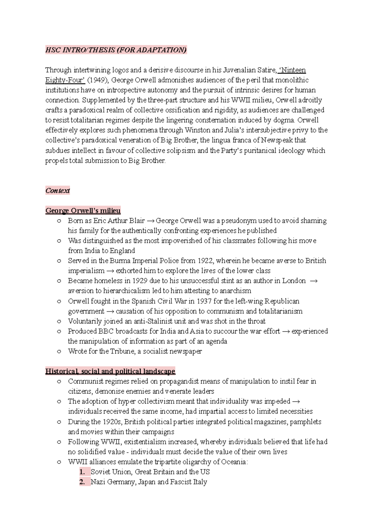 HSC Final Exam Notes: Insights into Orwell's 1984 and Its Context - Studocu