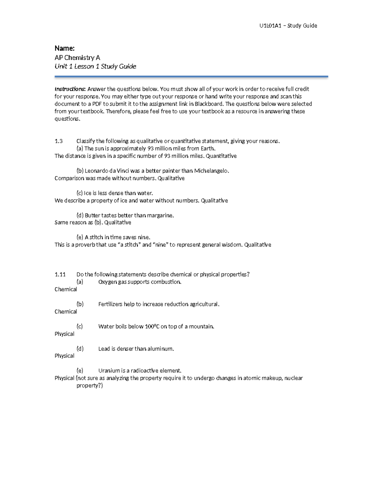 AP Chemistry A U1L01A1 Lesson 1 Study Guide - Studocu