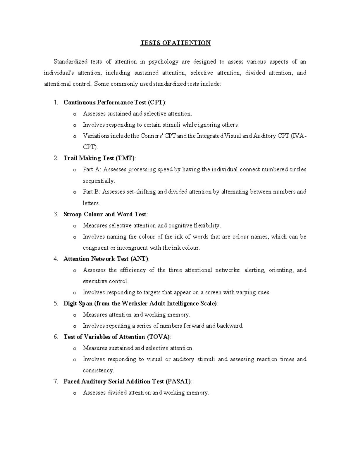 Standardized Tests of Attention, Perception, and Memory in Psychology ...
