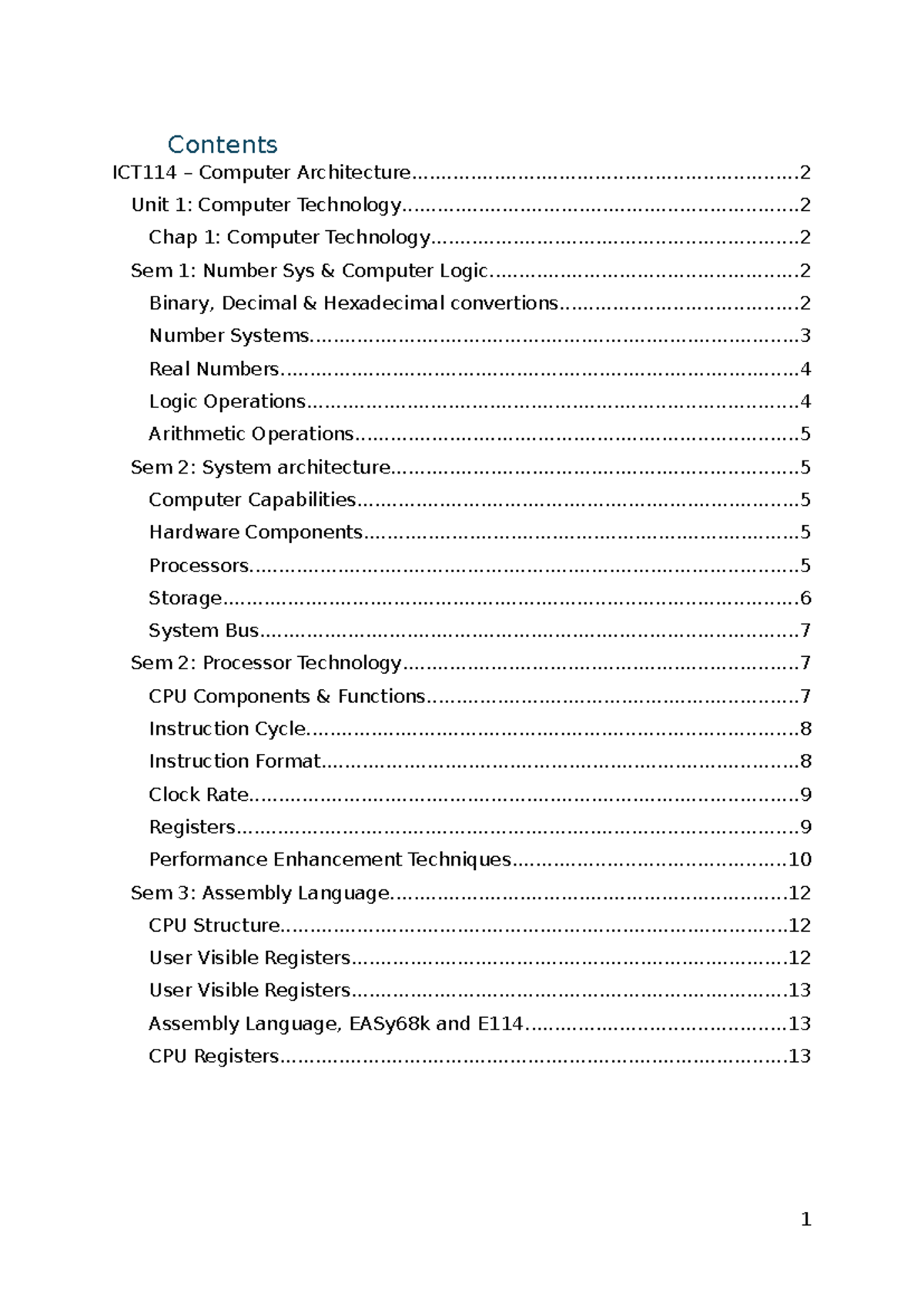 ICT114 - Computer Archetechture Notes - Contents ICT114 – Computer ...