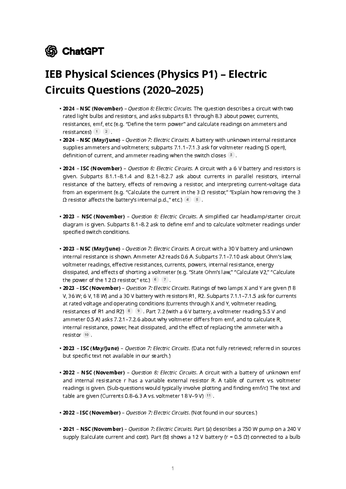 IEB Physical Sciences (Physics P1) Electric Circuits Questions (2020 ...