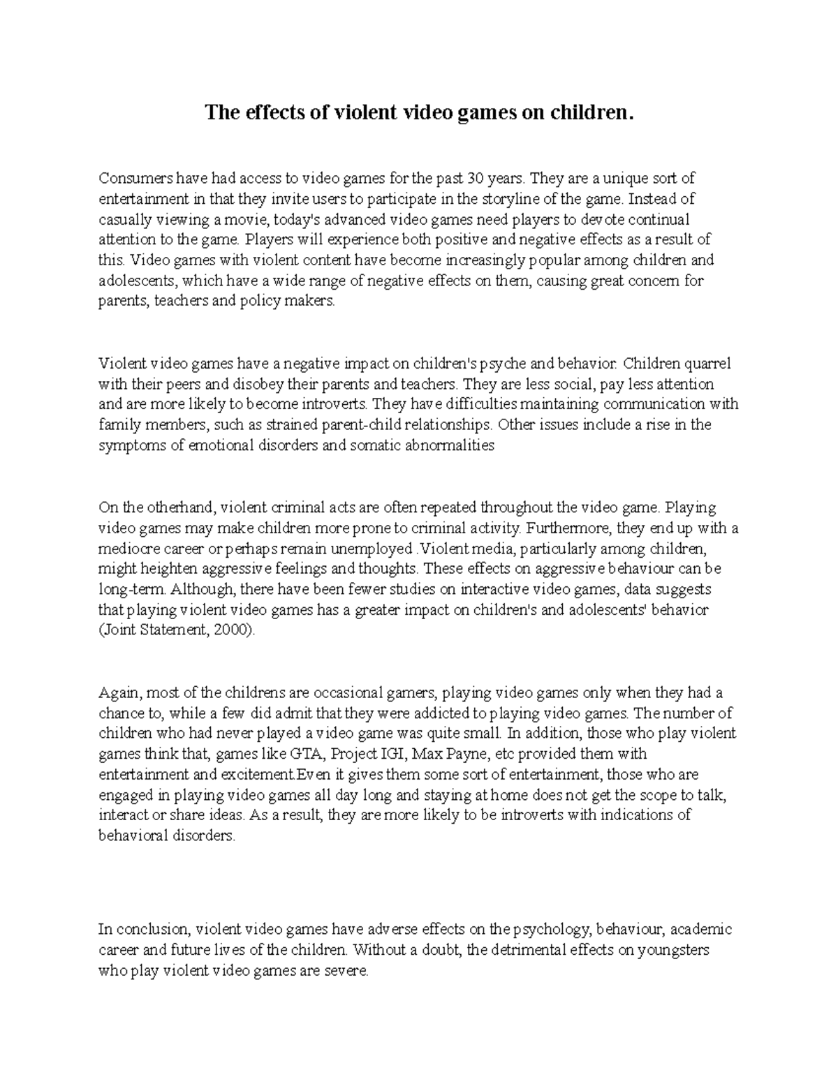 Impact of Violent Video Games on Children: Argumentative Essay - Studocu