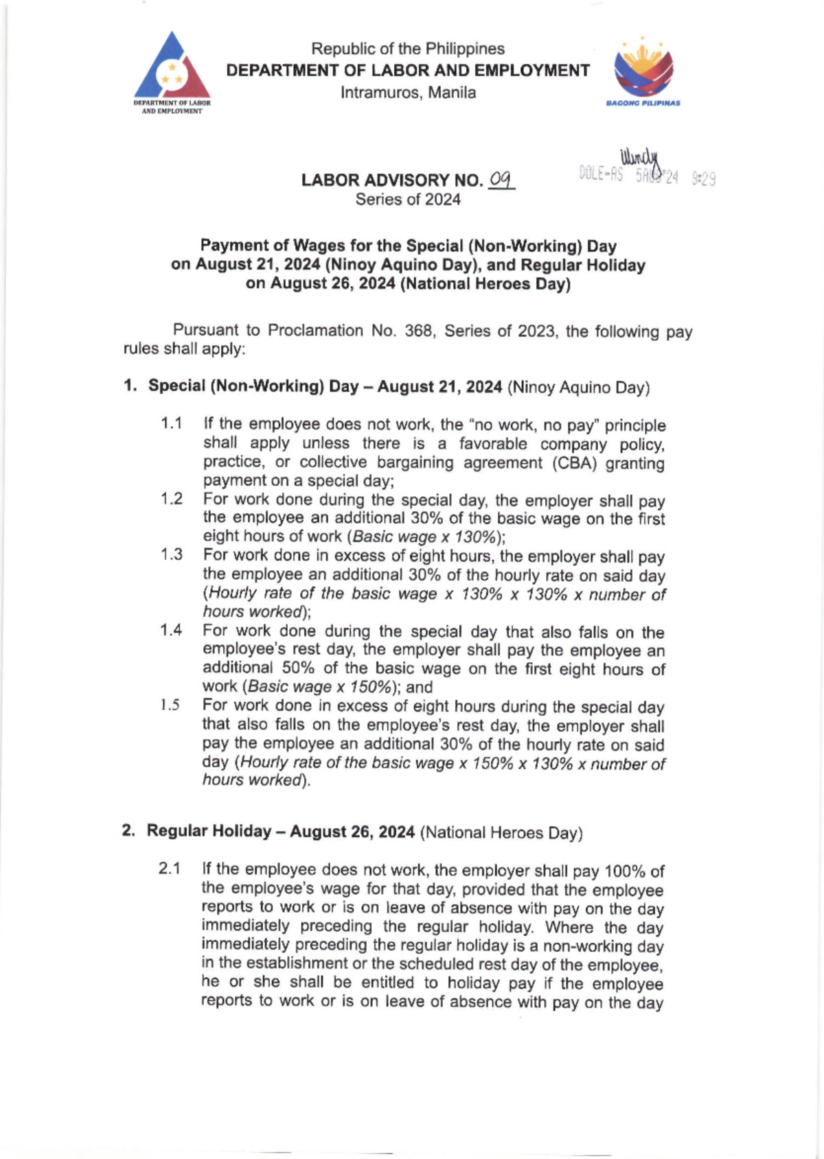 Labor Advisory No. 4: Wage Guidelines for Special & Regular Holidays ...