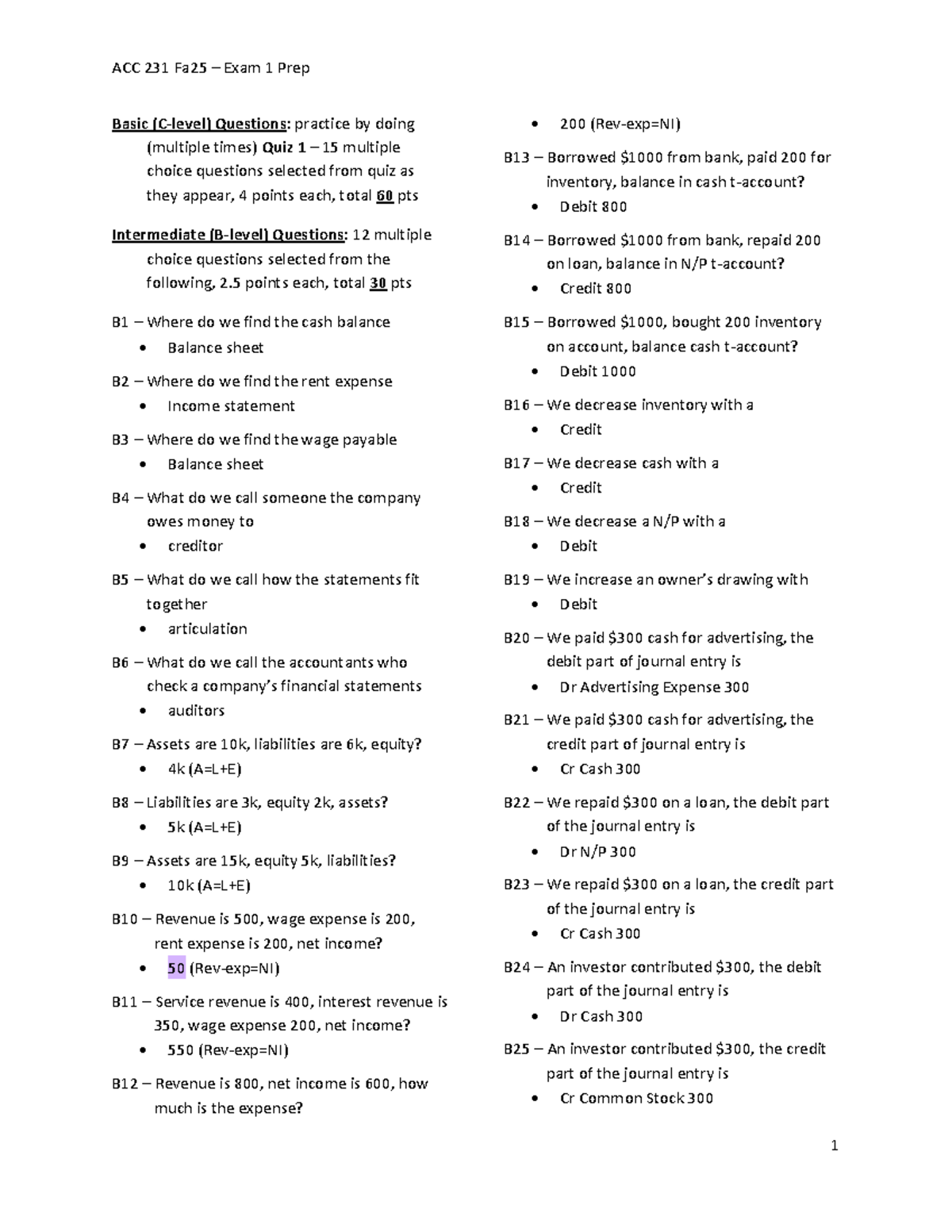 ACC 231 Fa25 – Exam 1 Prep: Practice Questions & Answers - Studocu