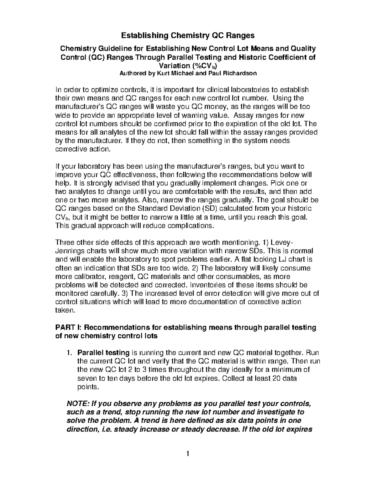 Chemistry QC Ranges: Guidelines for Establishing Control Lot Means ...