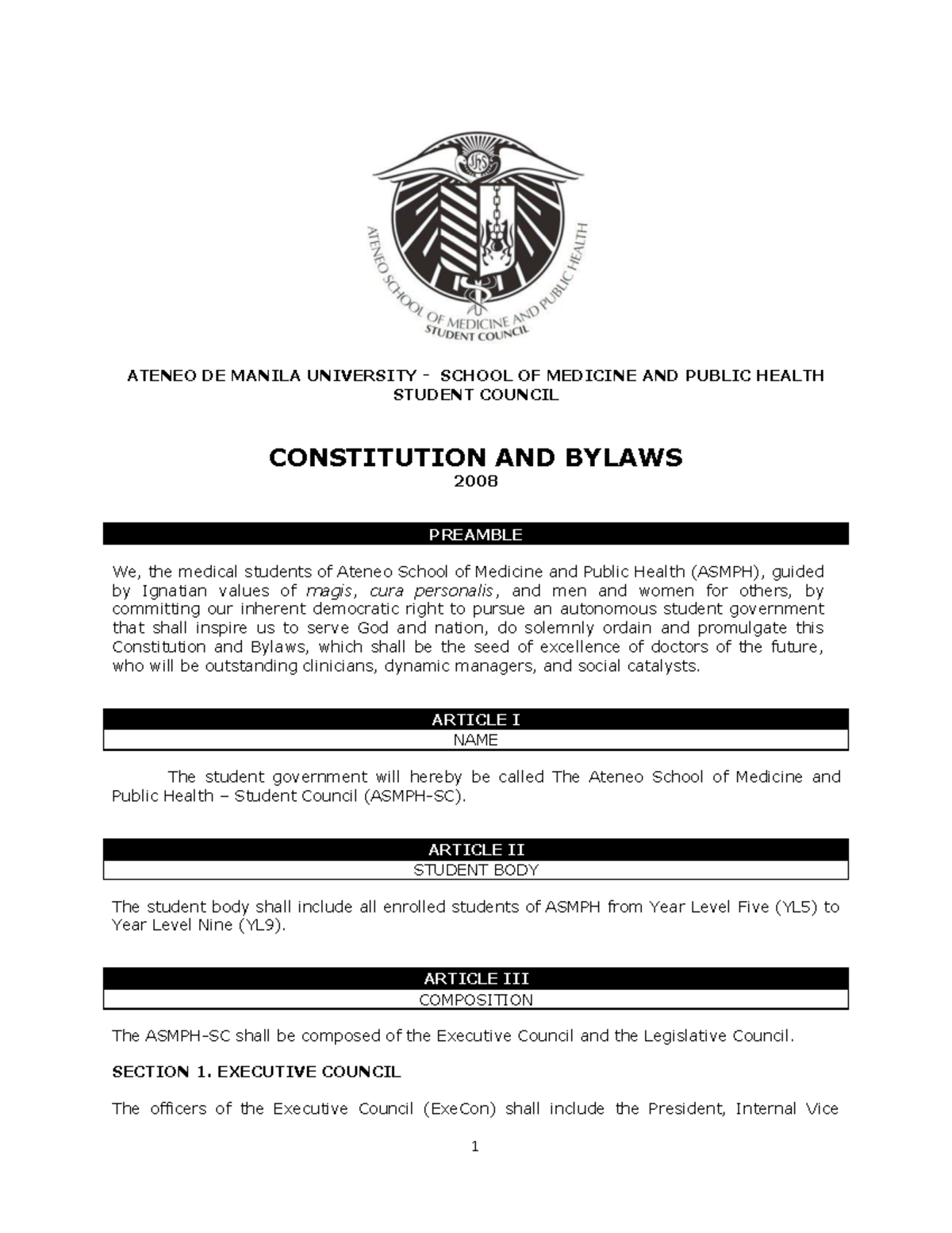 ASMPH Student Council Constitution and By-Laws 2012 Edition - Studocu