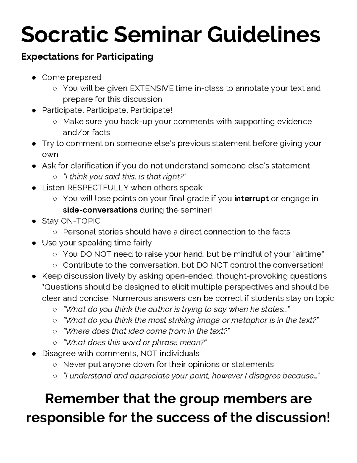 Nightsocratic Seminar Guidelines: Expectations for Participation - Studocu