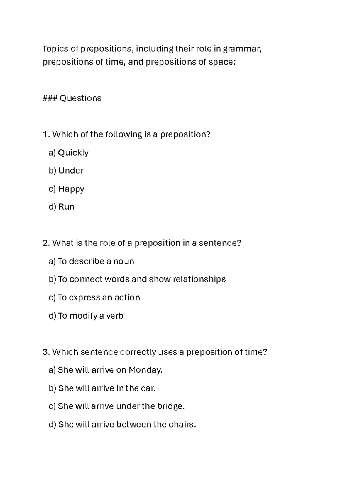 Prepositions Worksheet: Understanding Time and Space Use - Studocu