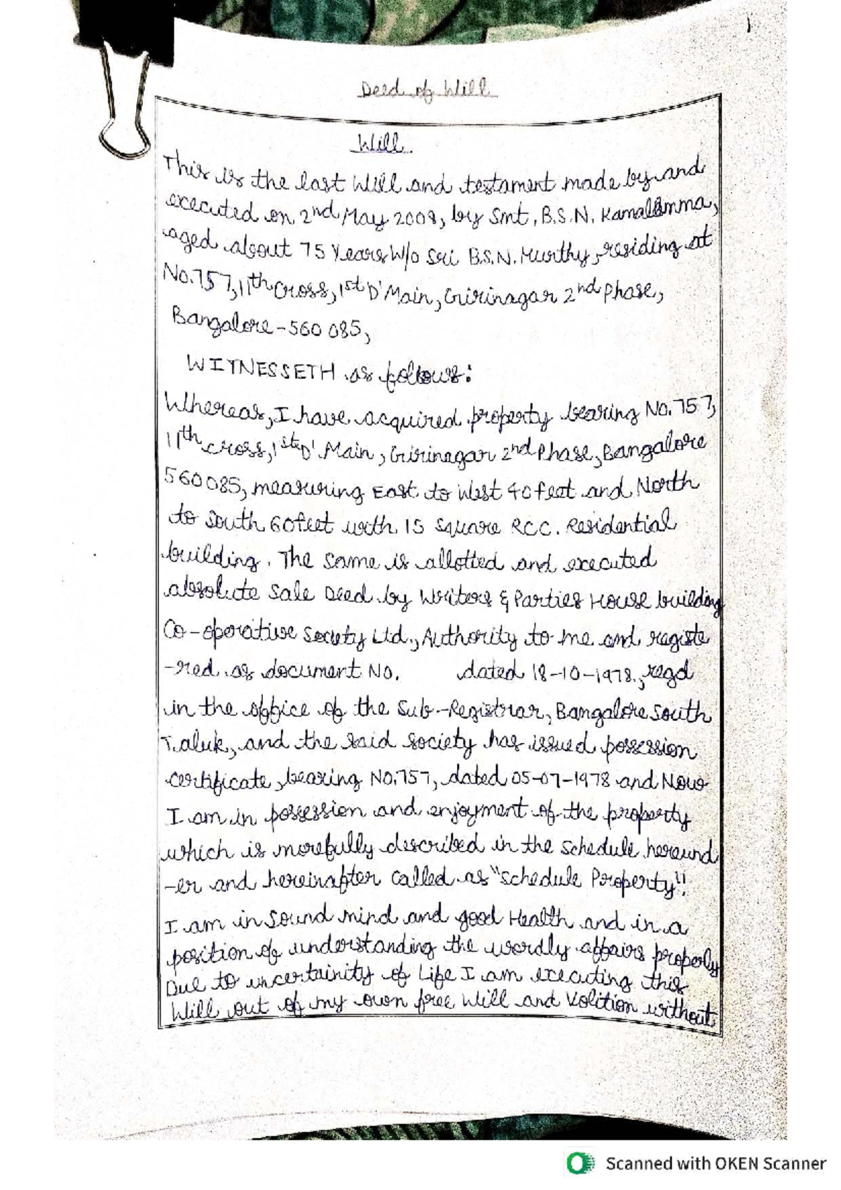Deed of Will - Smt B.S.N. Kamalanma's Testamentary Instructions - Studocu
