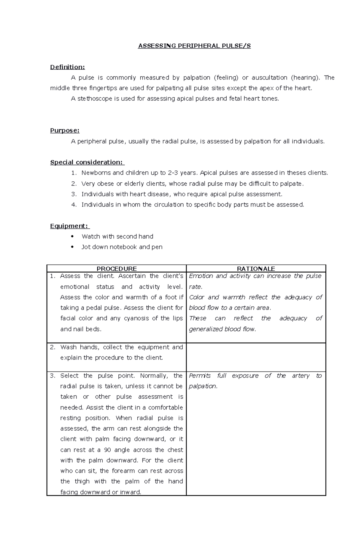 4 Assessing Peripheral Pulse - ASSESSING PERIPHERAL PULSE/S Definition ...