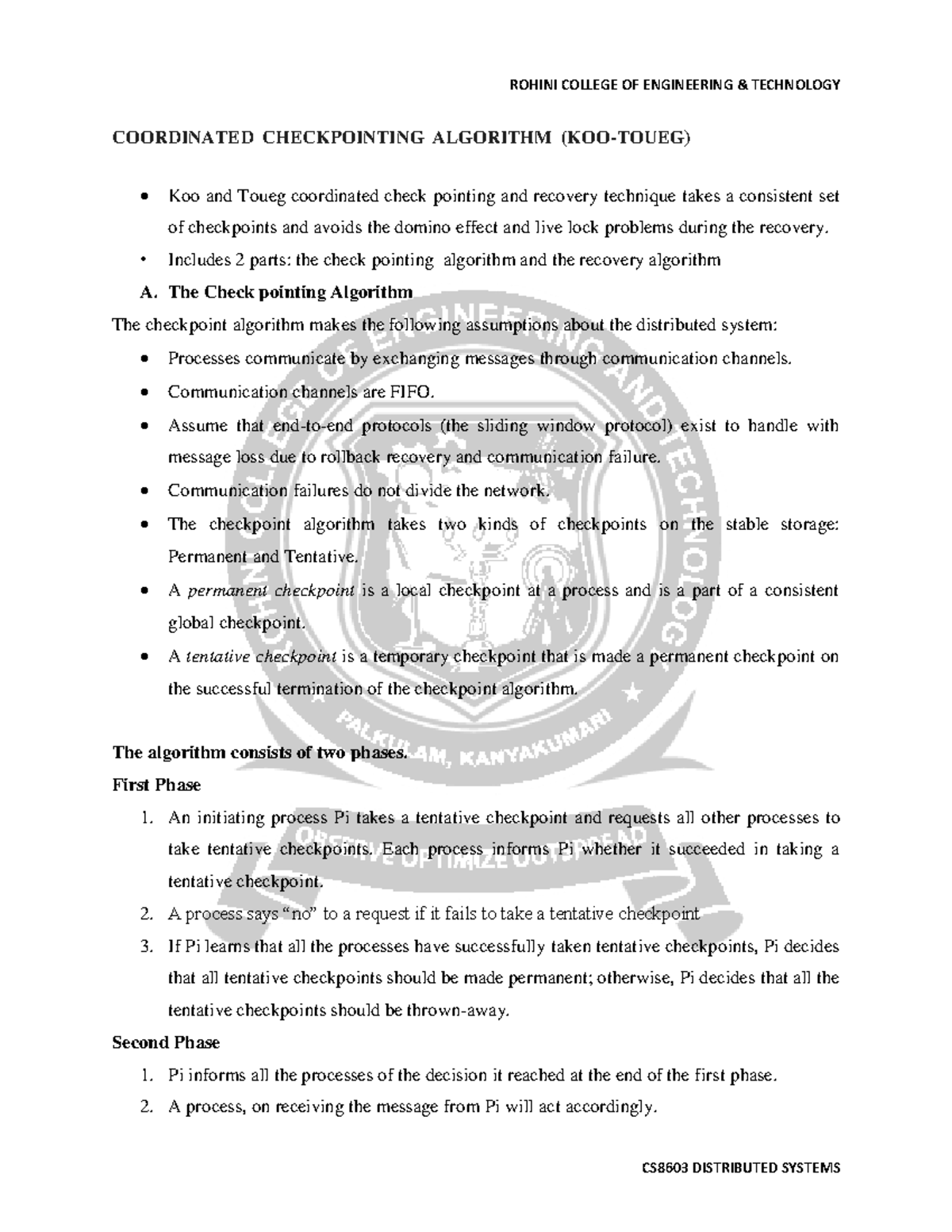 CS8603 Distributed Systems: Koo-Toueg Checkpointing & Recovery Notes ...