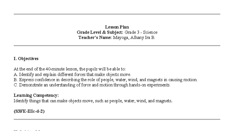 Grade 3 Science Lesson Plan: Forces and Motion by Alhany Ira B. Mayoga ...