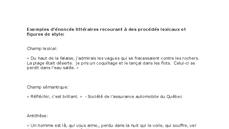 Figures de style: Notes sur les procédés lexicaux et exemples - Studocu