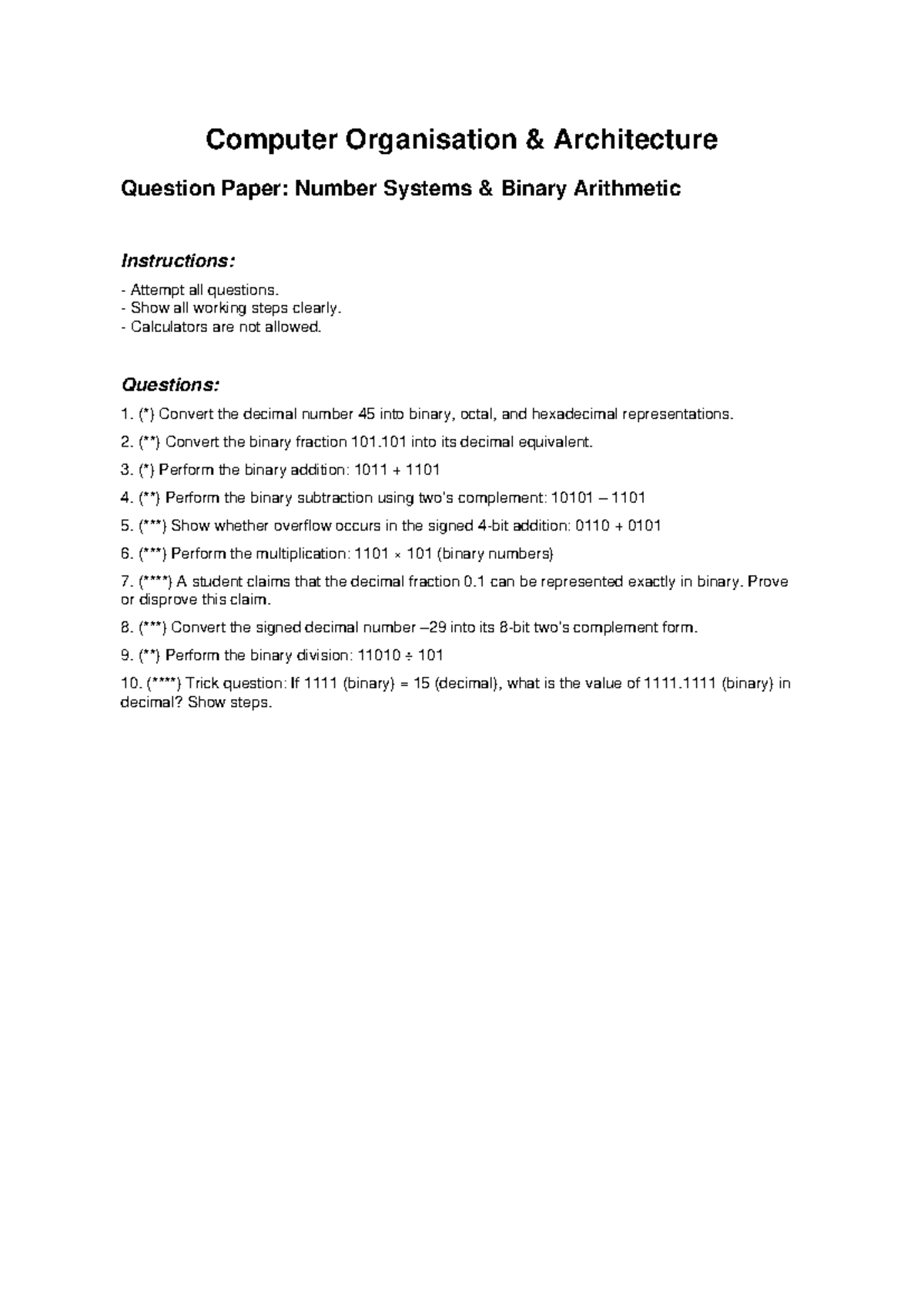 Computer Organisation Architecture Practice Test 1: Number Systems ...